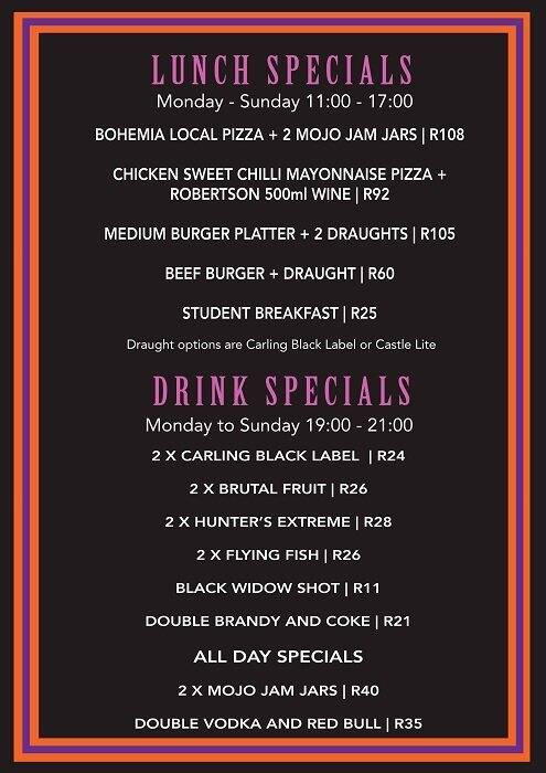 Menu at Bohemia pub & bar, Stellenbosch