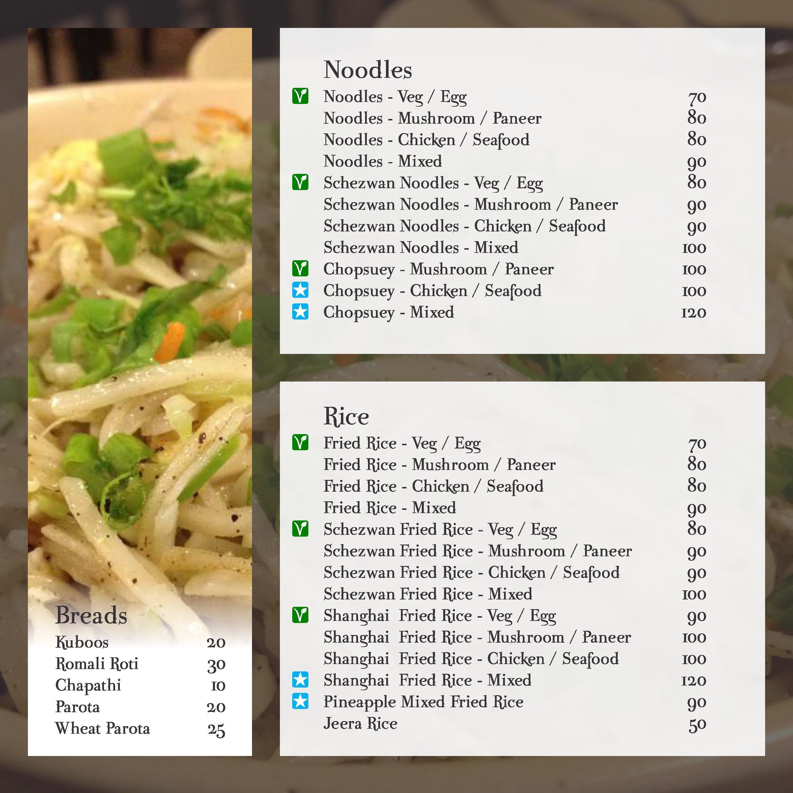 Menu at Desert Dragon, Kanchipuram