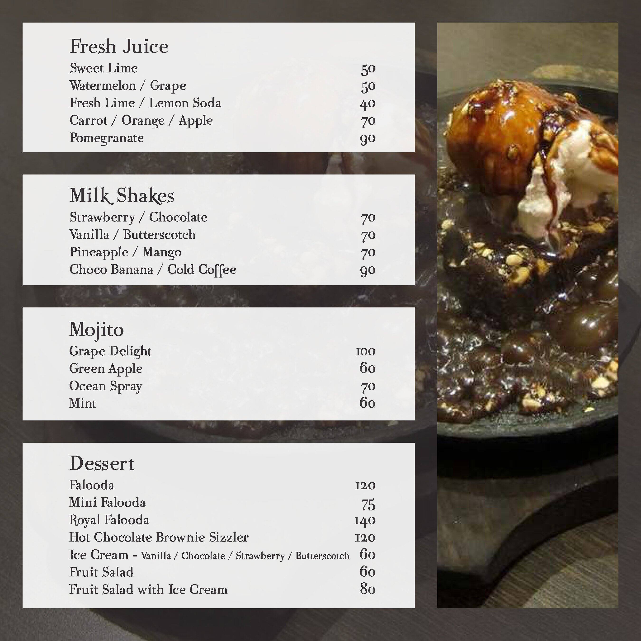 Menu at Desert Dragon, Kanchipuram