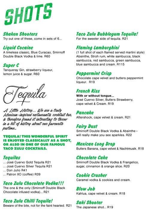 Menu at Taco Zulu restaurant, Durban, 4320 Lighthouse Rd