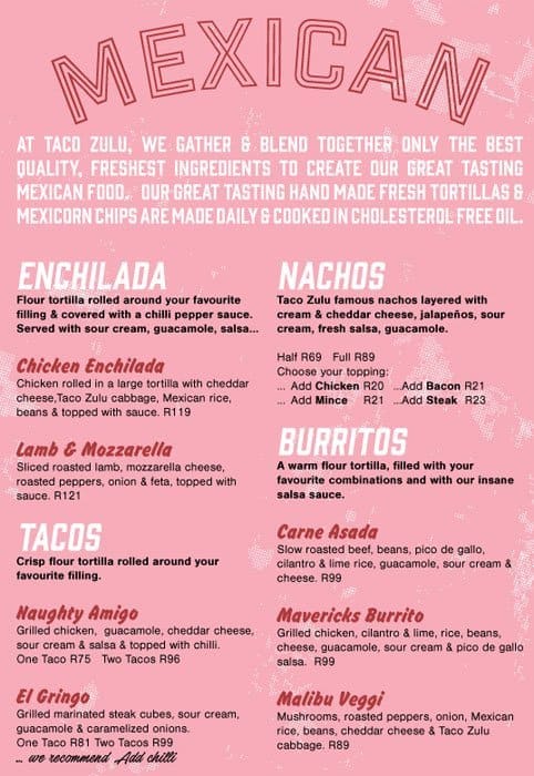 Carta del restaurante Taco Zulu, Durban, 4320 Lighthouse Rd