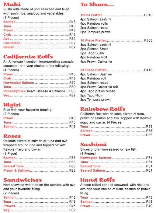 Menu at Taco Zulu restaurant, Durban, 4320 Lighthouse Rd