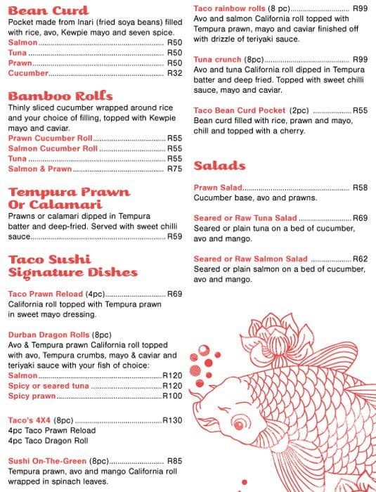 Speisekarte von Taco Zulu restaurant, Durban, 4320 Lighthouse Rd
