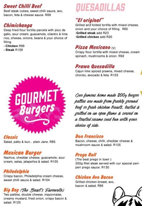 Menu at Taco Zulu restaurant, Durban, 4320 Lighthouse Rd