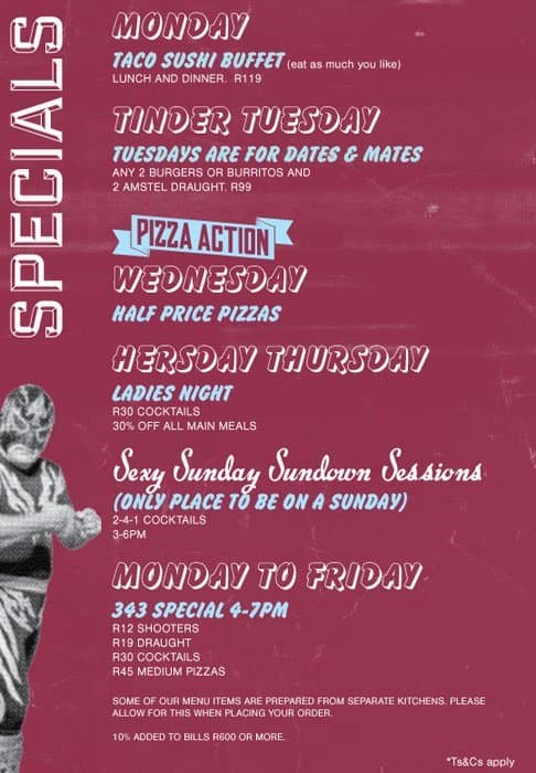 Menu at Taco Zulu restaurant, Durban, 4320 Lighthouse Rd