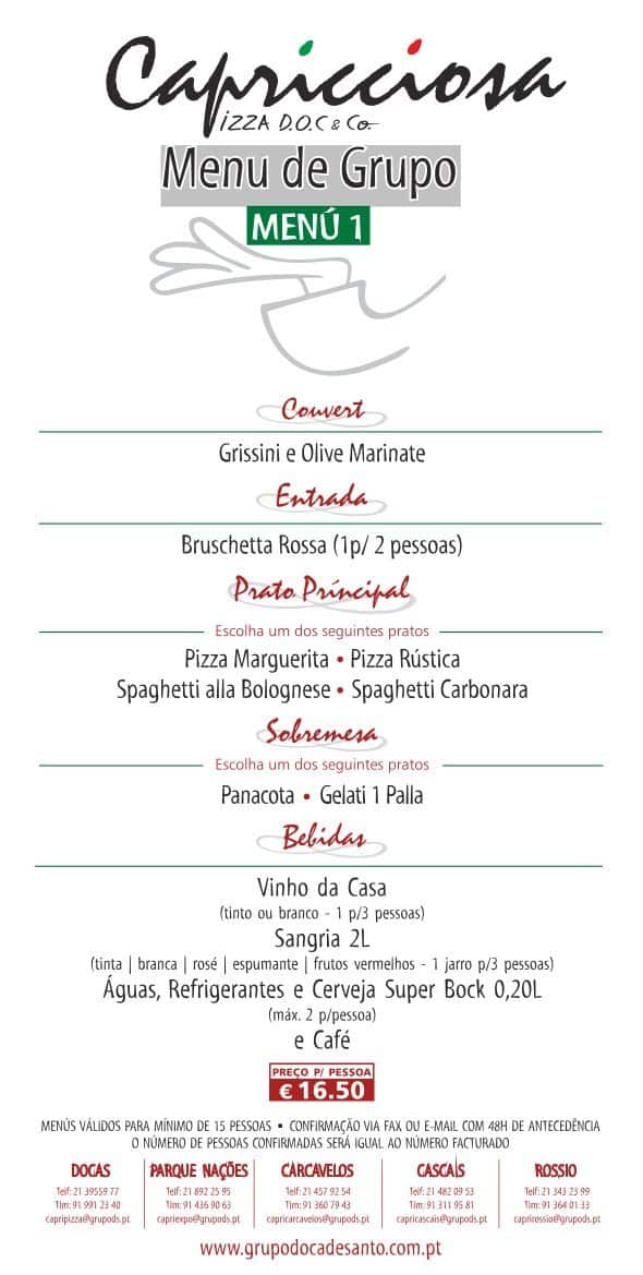 Capricciosa Menu, Menu de Capricciosa, Parque das Nações, Lisboa ...