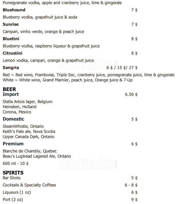 Menu at Jax restaurant, Ottawa