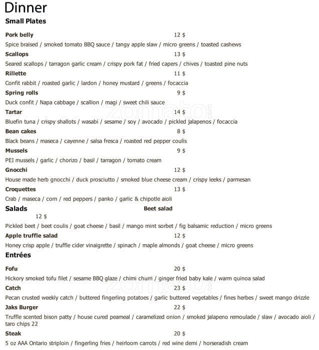 Menu at Jax restaurant, Ottawa