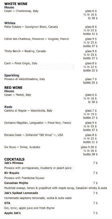 Menu at Jax restaurant, Ottawa