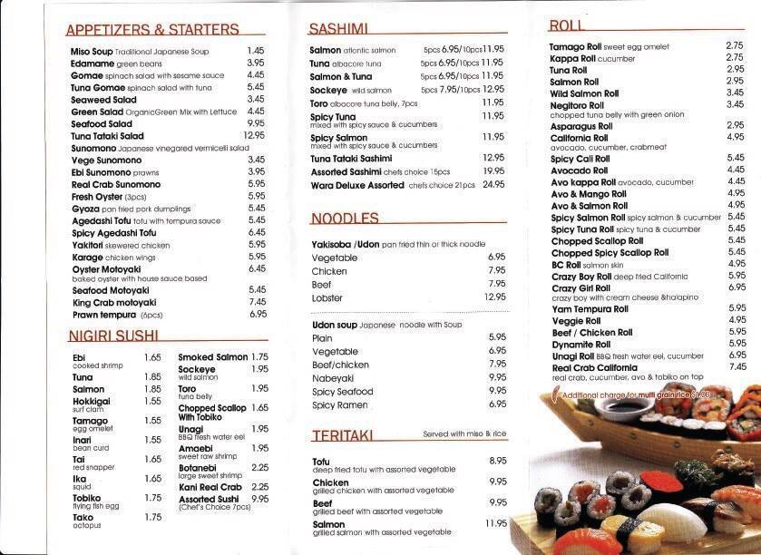 Menu at Sushi Wara restaurant, Ladysmith