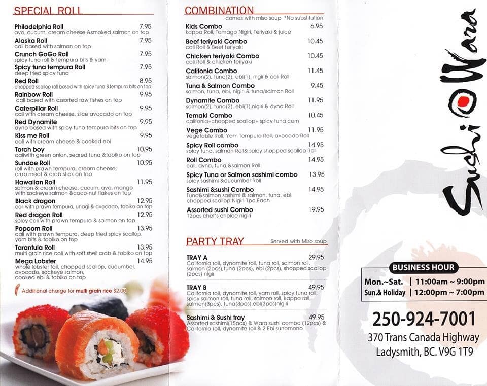 Menu at Sushi Wara restaurant, Ladysmith