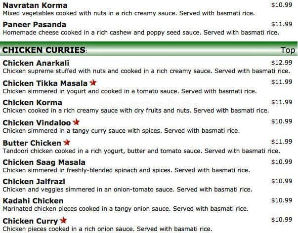 Menu at Indian Curry Palace restaurant, Tukwila