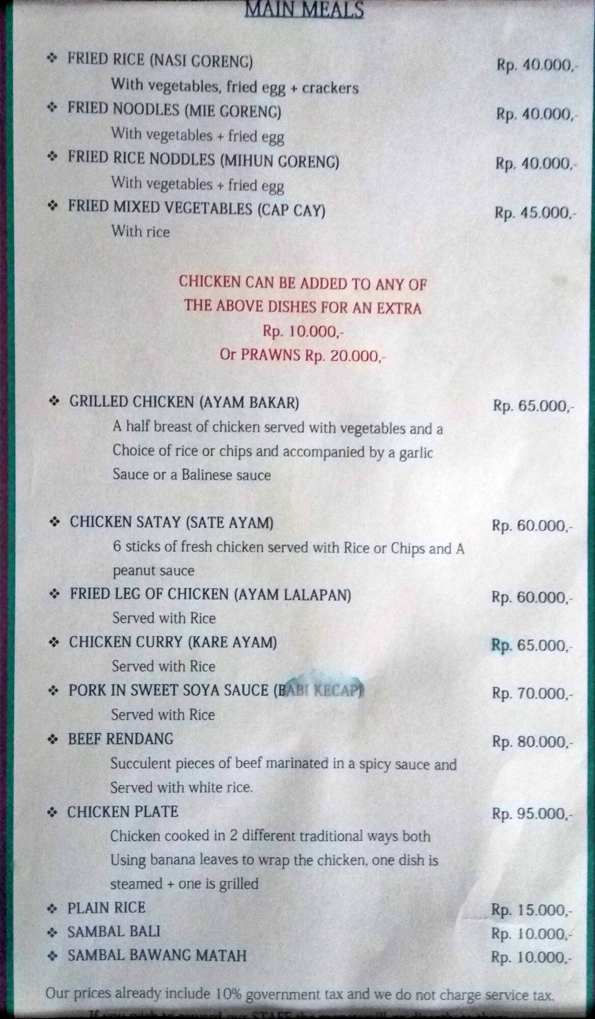 Menu at kebun impian restaurant, Amlapura