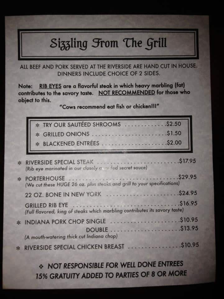 Menu at Riverside Restaurant & Lounge, Monticello