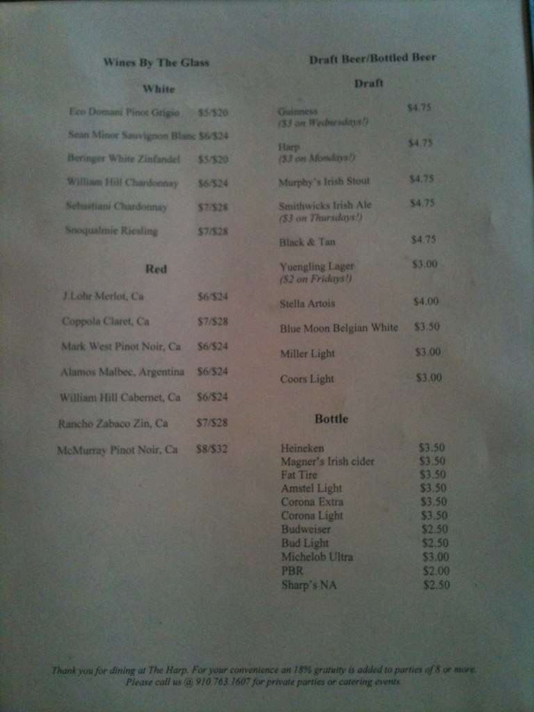Menu at Harp pub & bar, Wilmington