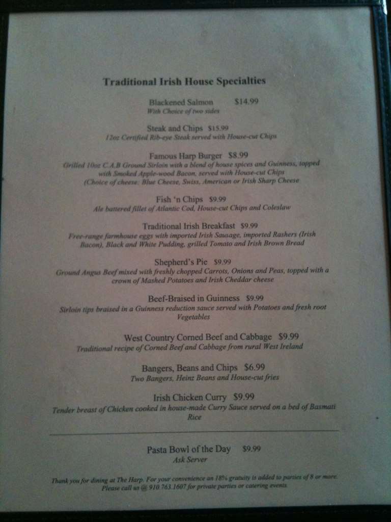 Menu at Harp pub & bar, Wilmington