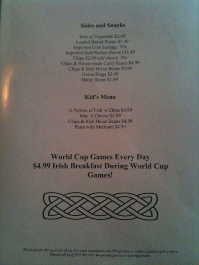 Menu at Harp pub & bar, Wilmington