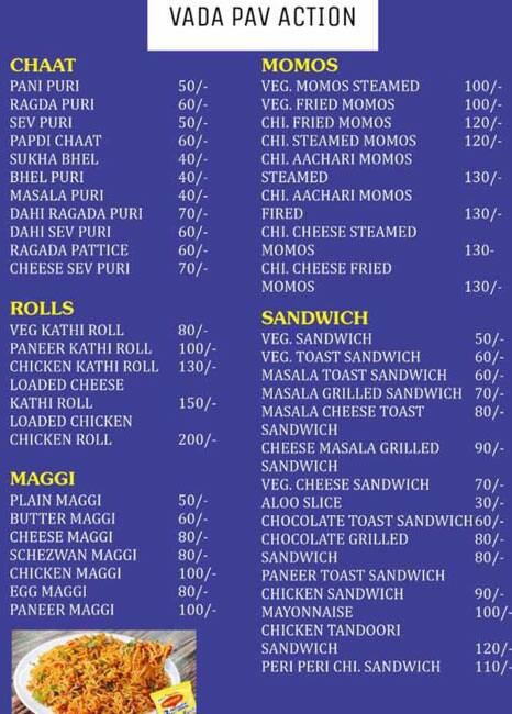 Menu of Vada Pav Action, Borivali West, Mumbai