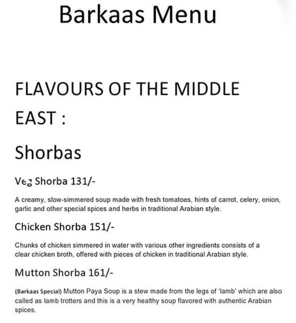 Menu of Barakas Arabic Restaurant, New Town, Kolkata