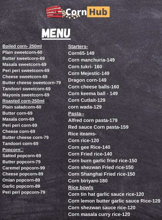 Menu of Cornhub, Manikonda, Hyderabad