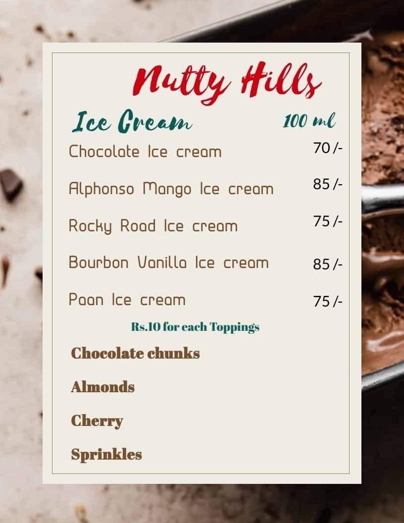 Menu of Nutty Hills, Sector 83, Gurgaon