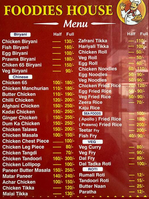 Menu of Foodies House, Chandrayanagutta, Hyderabad