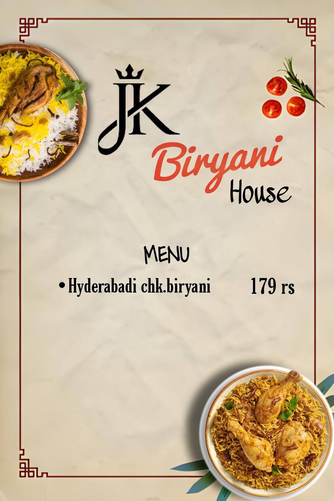 Menu of JK House, Dange Chowk, Pune