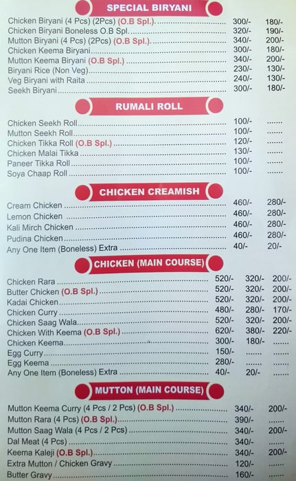 Menu of Oberoi Biryani, Karol Bagh, New Delhi