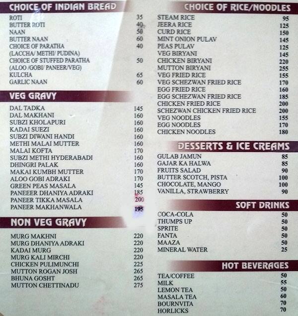 Menu at Hotel sai annapoorna, Bengaluru