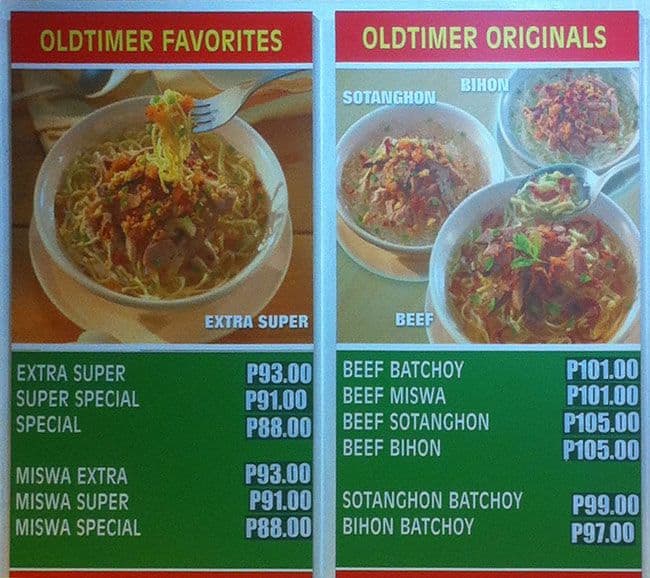Menu at Ted's Oldtimer Lapaz Batchoy restaurant, Quezon City, 1100 ...