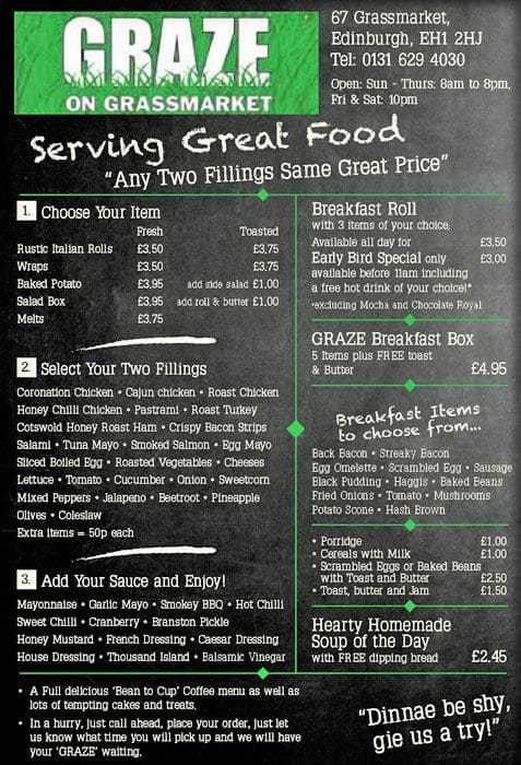 Menu at Graze On Grassmarket cafe, Edinburgh