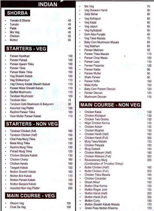 Menu at Revolution, Pune