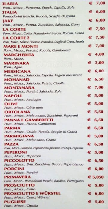 Menu at Pizzeria La Corte 2, Milan