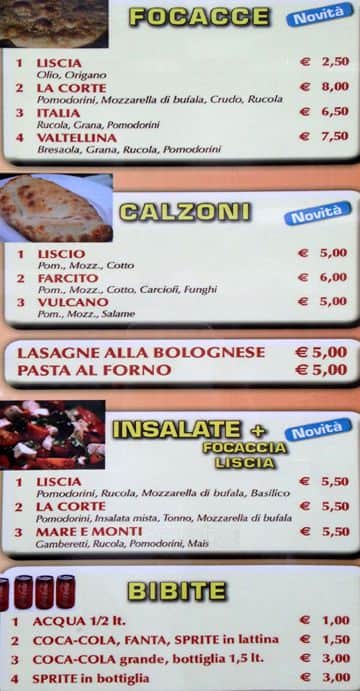 Menu at Pizzeria La Corte 2, Milan