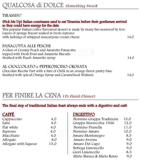 Menu at Amaro, Adelaide