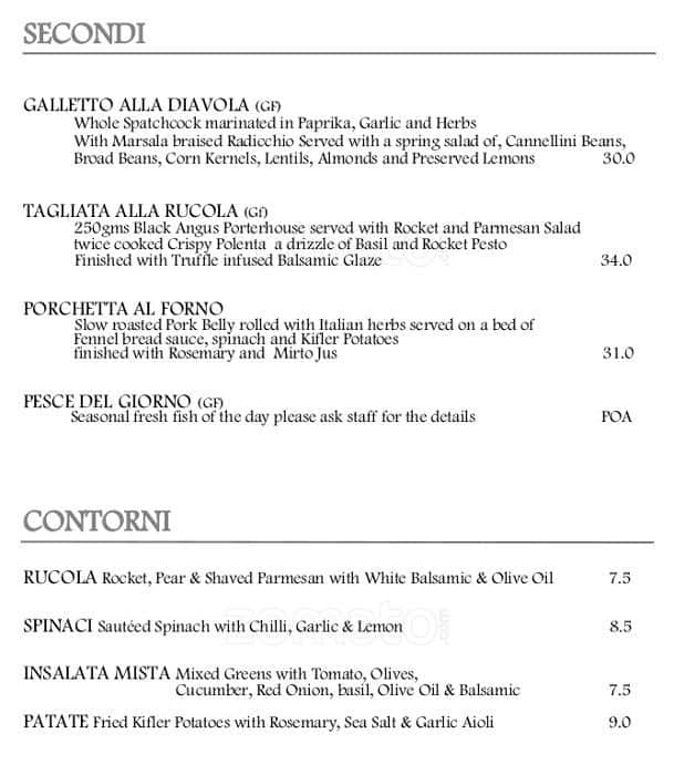 Menu at Amaro, Adelaide