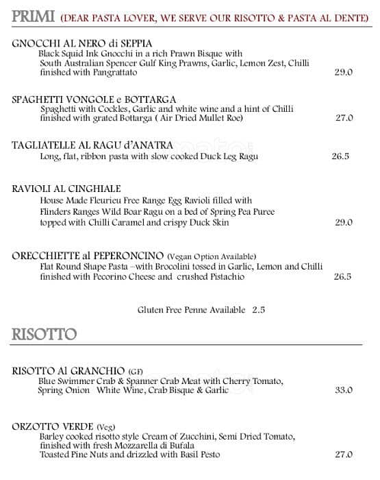 Menu at Amaro, Adelaide