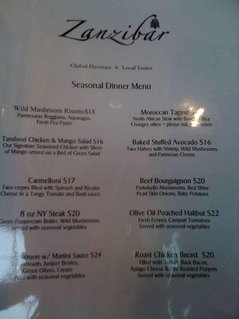 Menu au Zanzibar, Brentwood Bay