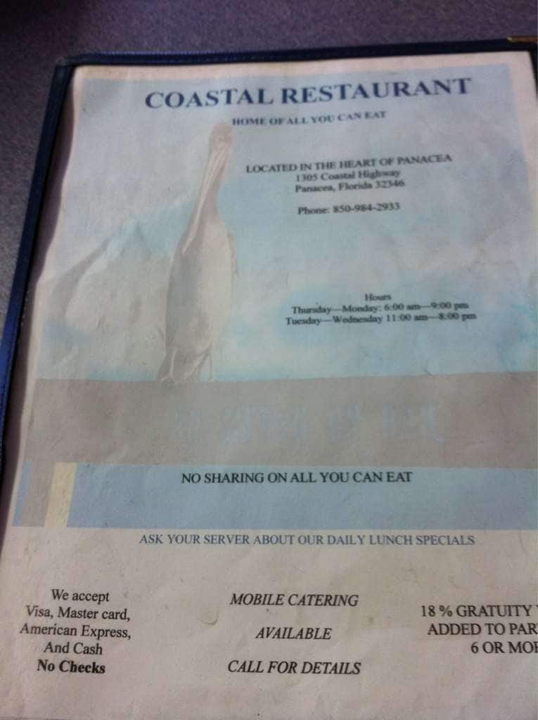 Menu at Coastal Restaurant, Panacea