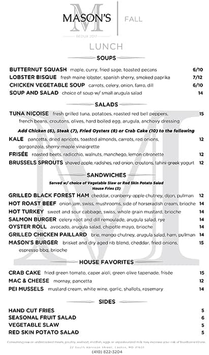 Menu at Mason's desserts, Easton, 22 S Harrison St