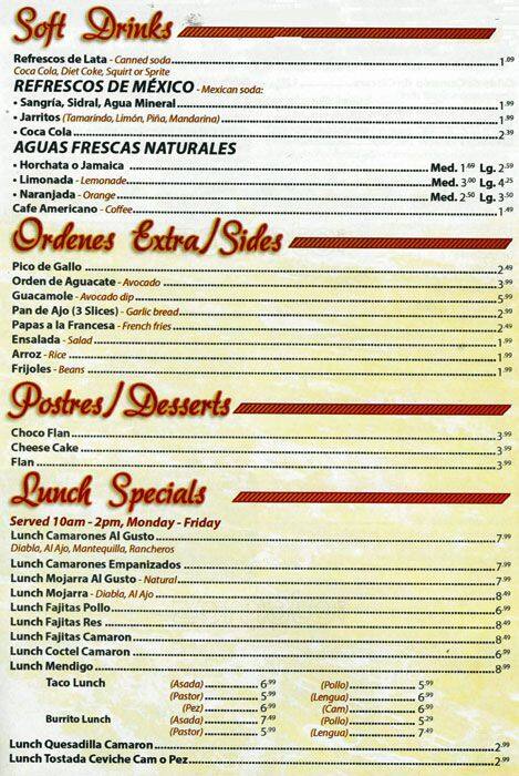 Menu at Mariscos Miramar restaurant, Villa Park, 31 North Ave