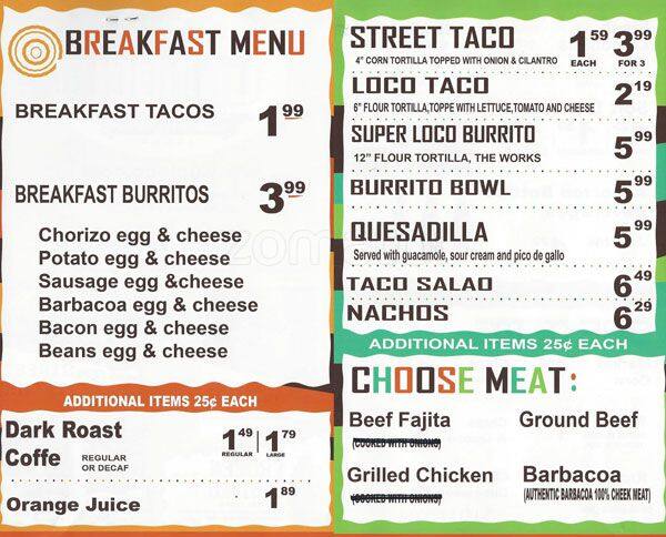 Menu at Go Loco Street Tacos & Burritos restaurant, Burleson, 210 SW ...