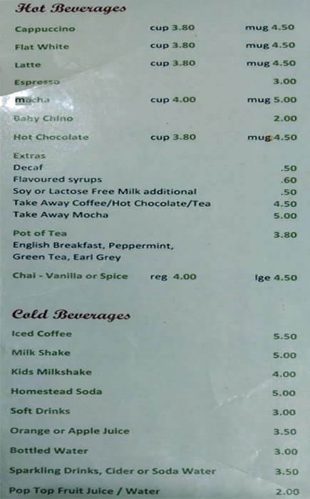 Menu at Homestead Cafe, Berwick