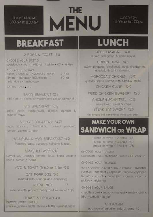 Menu at Terrace Espresso Cafe, Brisbane City