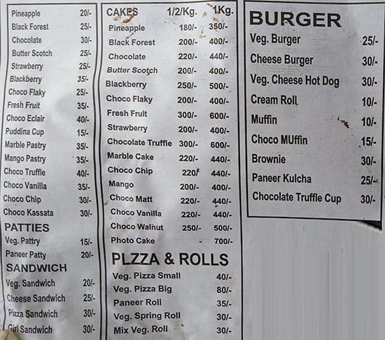 Menu at Pastry Palace, New Delhi, 90