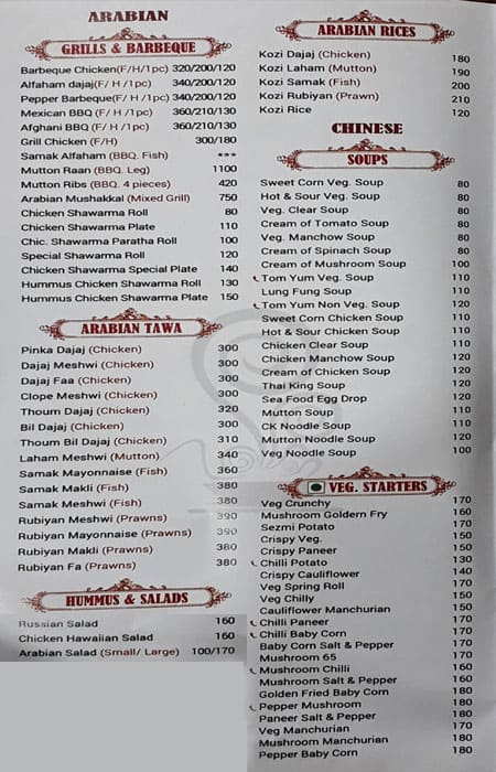 Menu of Zaffron, Heritage Town, Puducherry