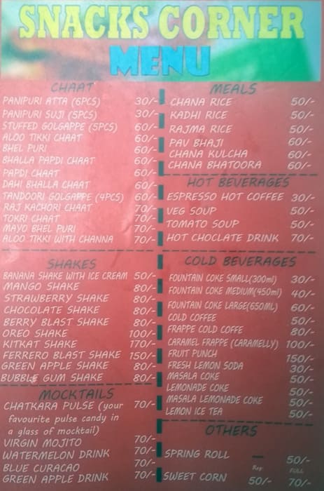 Menu at snacks corner, Chandigarh, 85-86