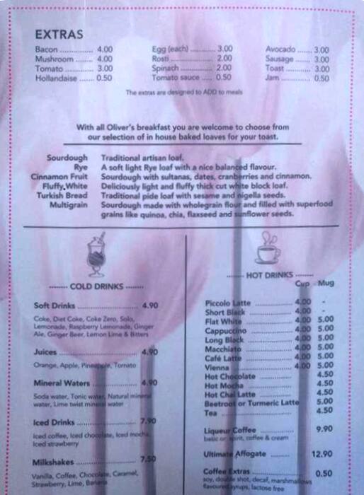 Menu at littles and olivers cafe, Manly