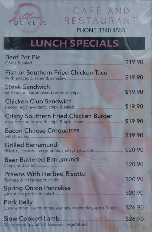 Menu at littles and olivers cafe, Manly