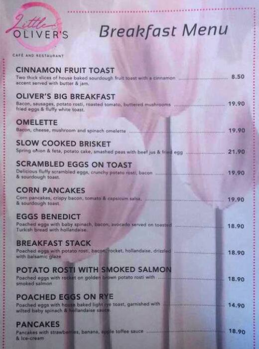 Menu at littles and olivers cafe, Manly